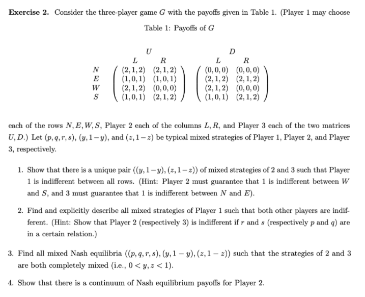 Exercise 2. Consider the three-player game G with the | Chegg.com
