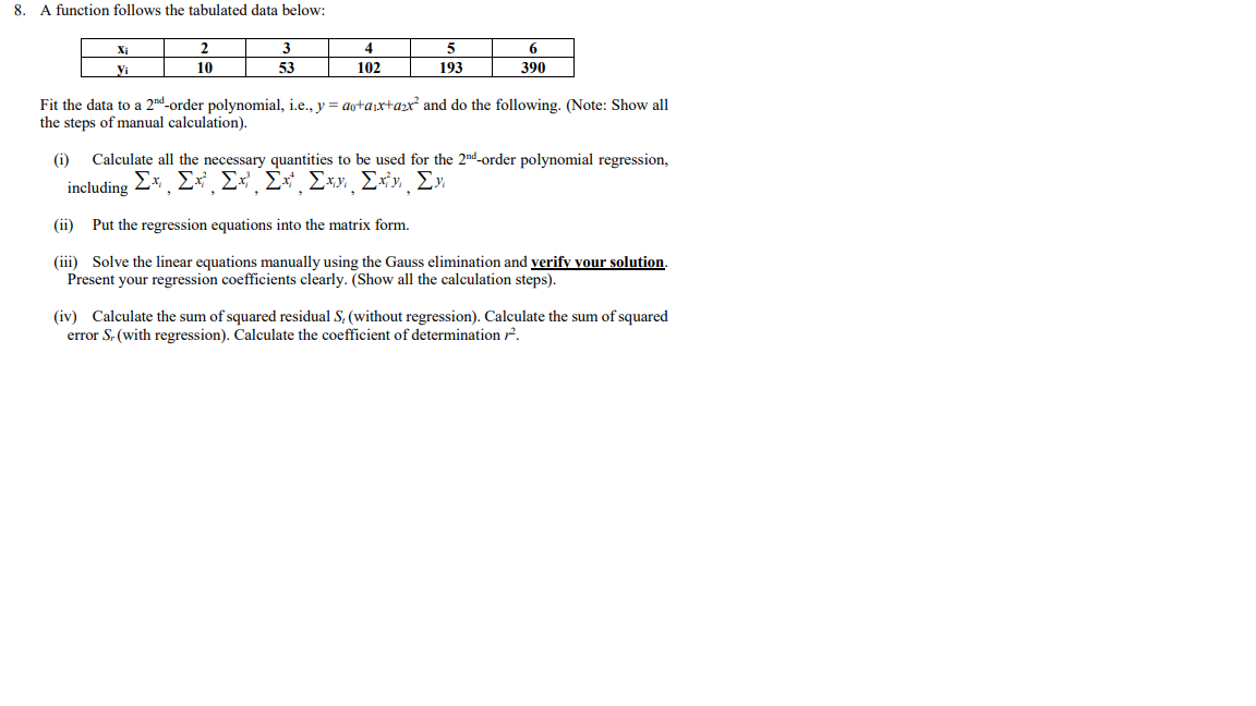Solved 8. A function follows the tabulated data below: X 2 | Chegg.com