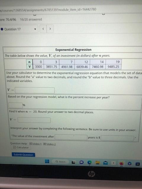 Exponential Regression The table below shows the | Chegg.com