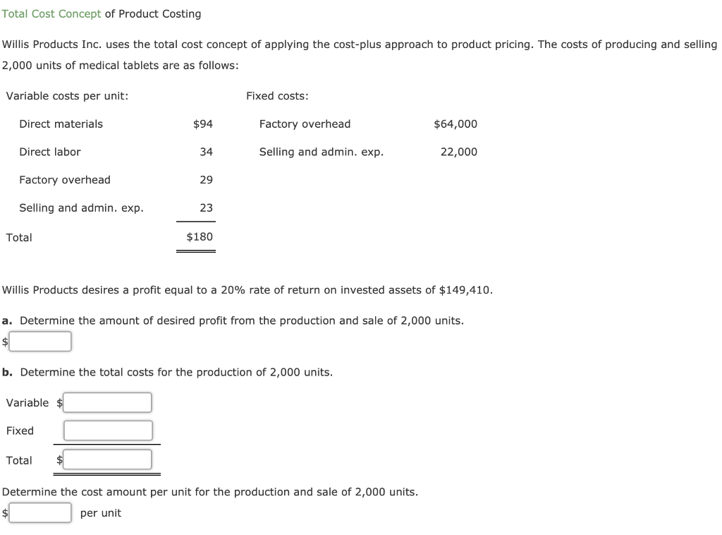 Solved Total Cost Concept of Product Costing Willis Products | Chegg.com