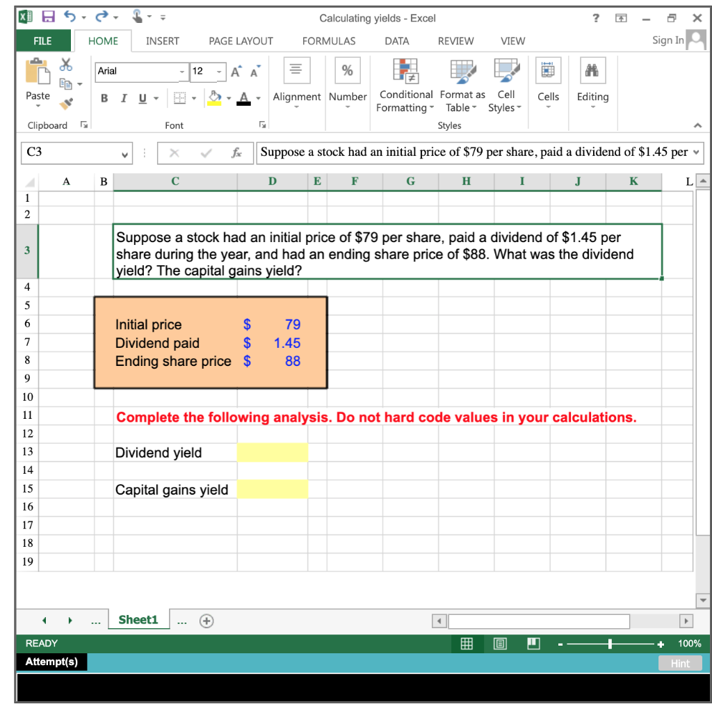 Solved x] A Calculating yields - Excel ? 5 FILE HOME INSERT | Chegg.com