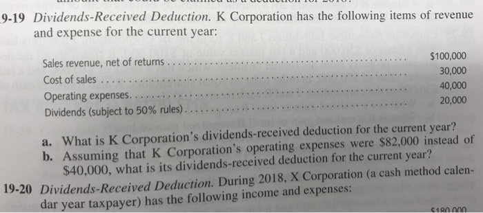 Solved 9-19 Dividends-Received Deduction. K Corporation has | Chegg.com