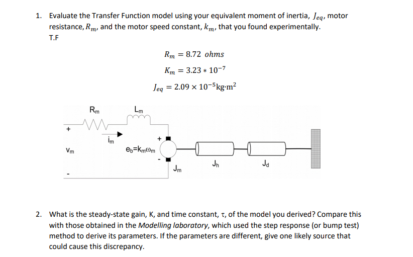 Solved 1. Evaluate the Transfer Function model using your | Chegg.com