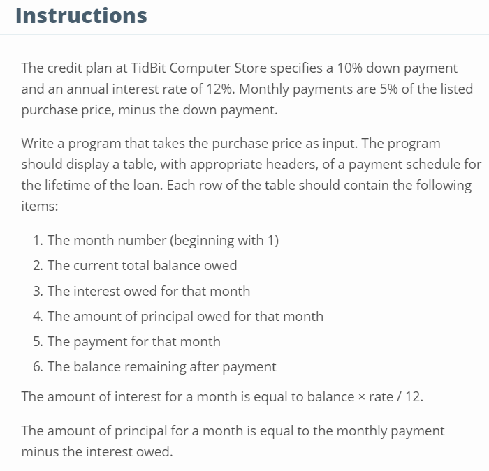 Solved Instructions Credit Plan Tidbit Computer Store Specifies 10 Payment Annual Interest