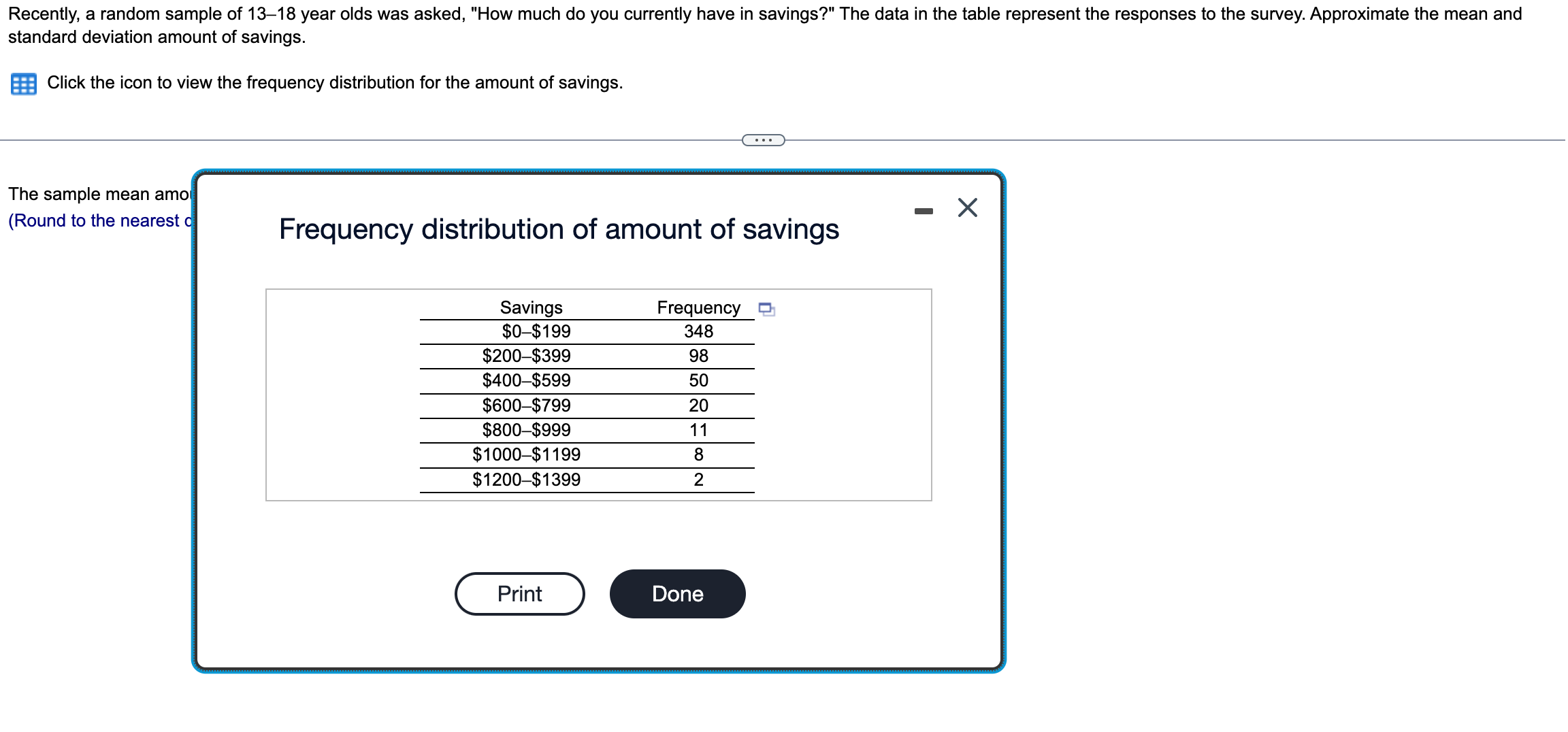Solved standard deviation amount of savings. Click the icon | Chegg.com