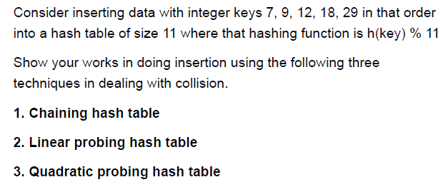 Solved Consider inserting data with integer keys 7, 9, 12, | Chegg.com