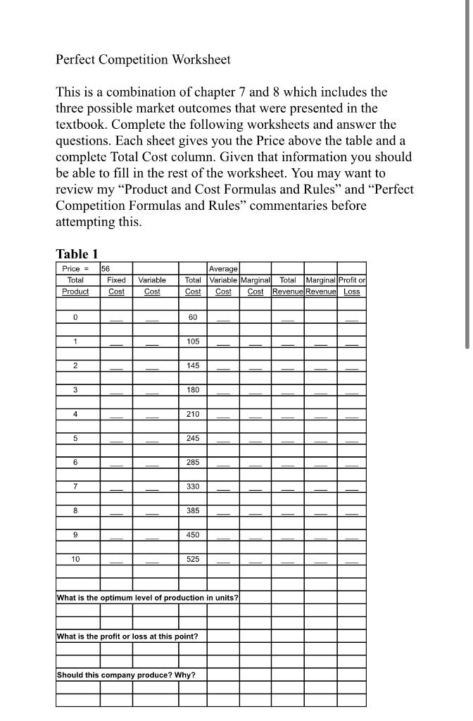 Solved Perfect Competition Worksheet This is a combination | Chegg.com