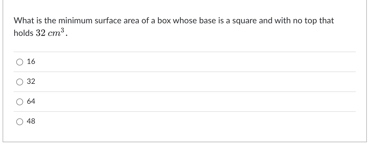 Solved What is the minimum surface area of a box whose base | Chegg.com