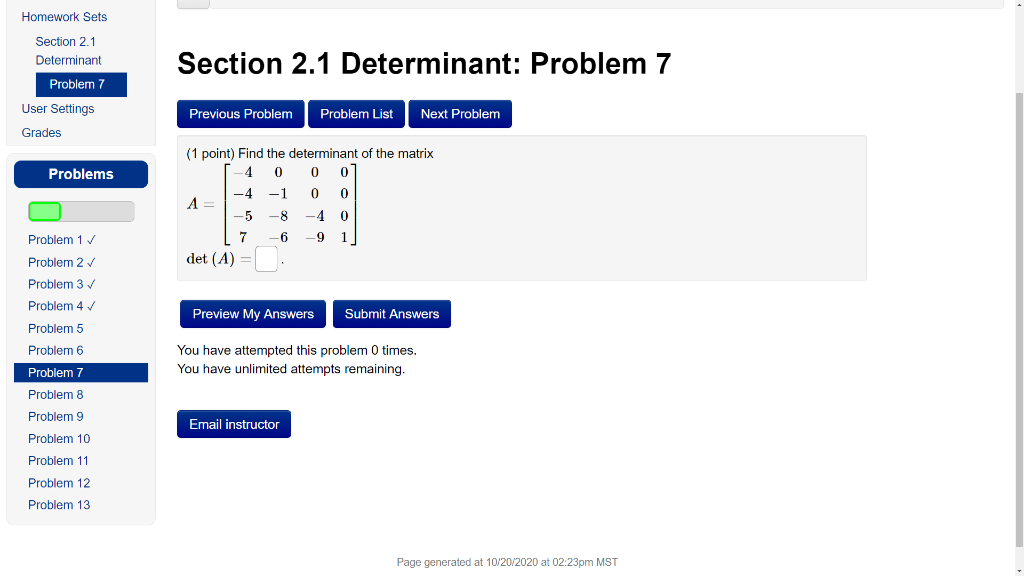Solved Homework Sets Section 2.1 Determinant: Problem 7 | Chegg.com