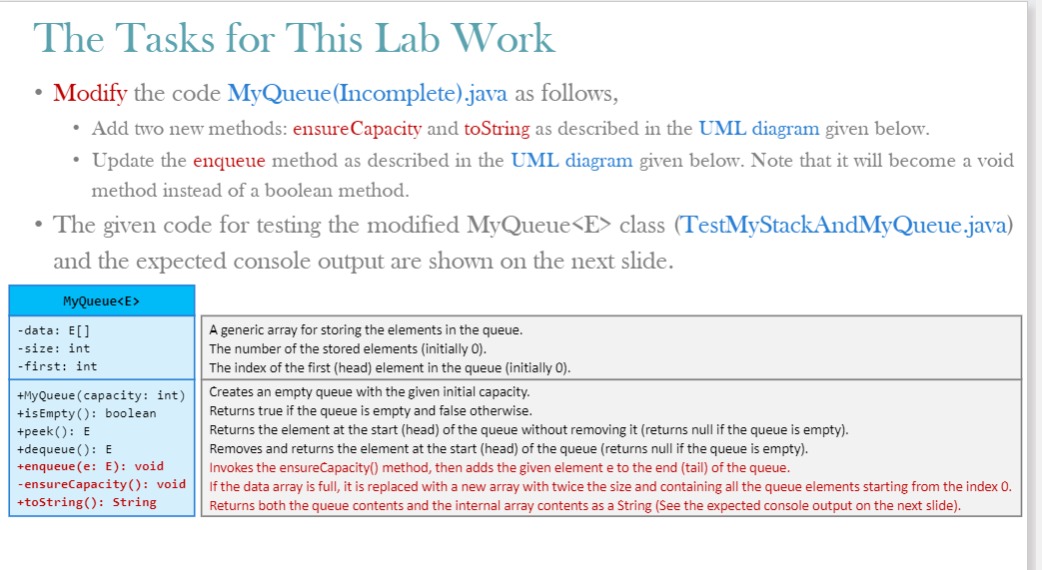 Solved yQueue(Incomplete).java 』 lestMyStackAndMyQueue.java | Chegg.com