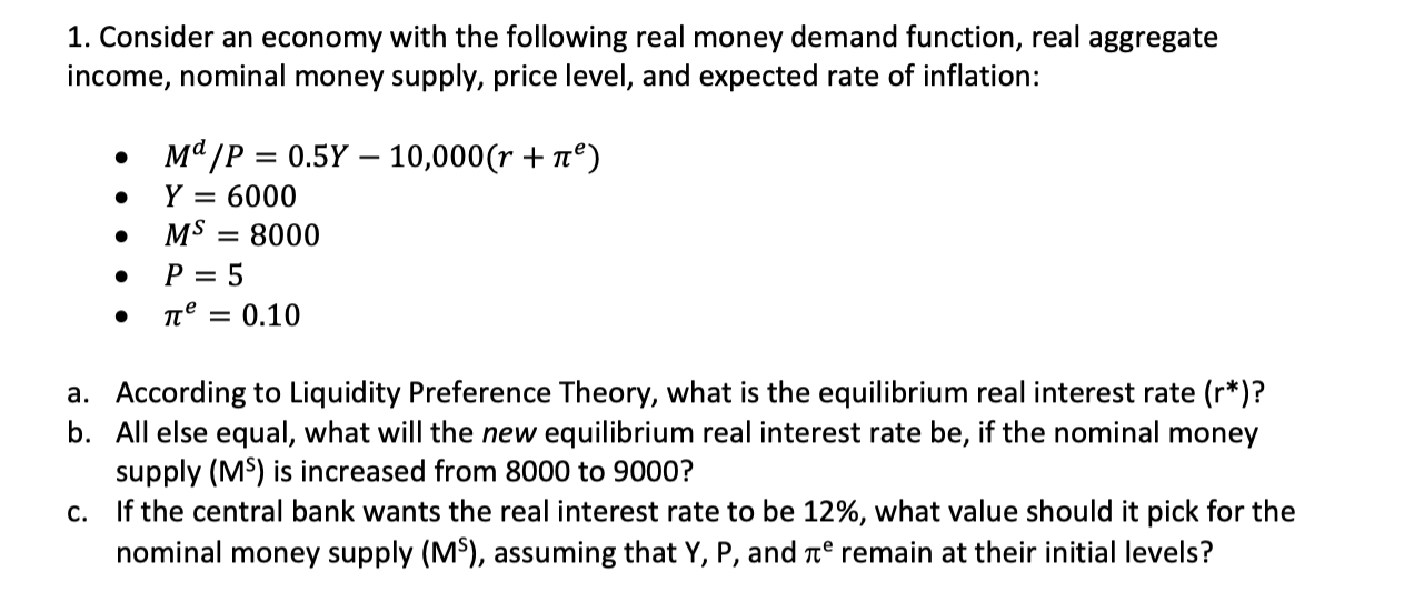 Solved 1. Consider an economy with the following real money | Chegg.com