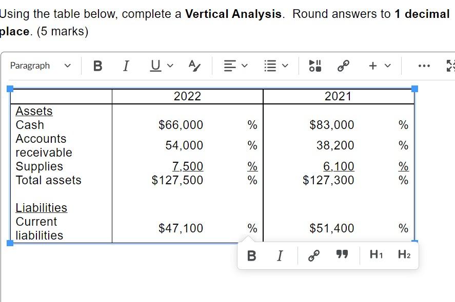 Solved Jsing the table below, complete a Vertical Analysis. | Chegg.com Solved Jsing the table below, complete a Vertical Analysis. | Chegg.com
