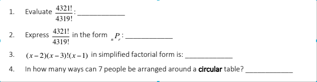 Solved 1. 2. Evaluate 4321! 4319! Express 4321! in the form | Chegg.com
