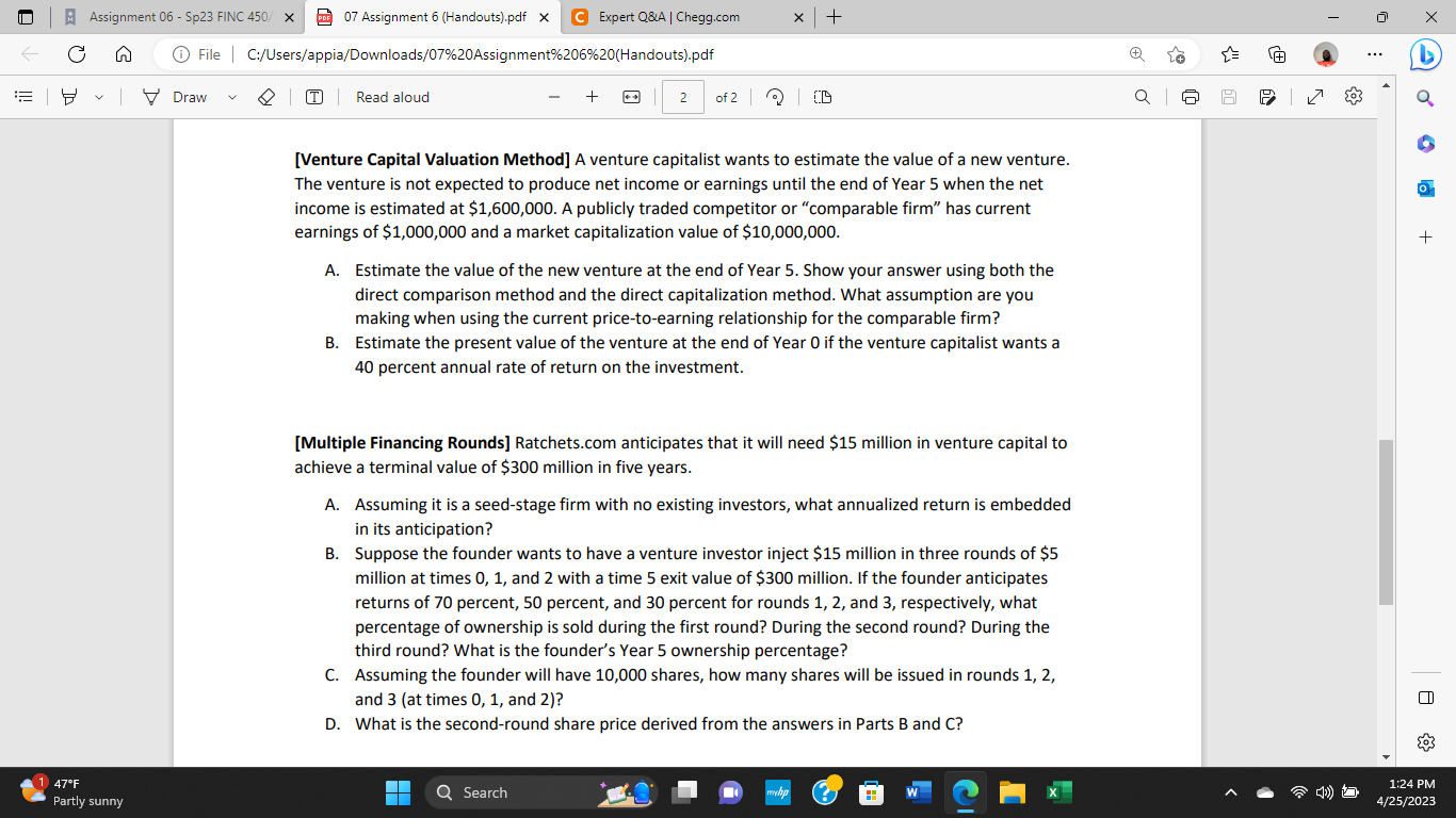 [Venture Capital Valuation Method] A venture | Chegg.com