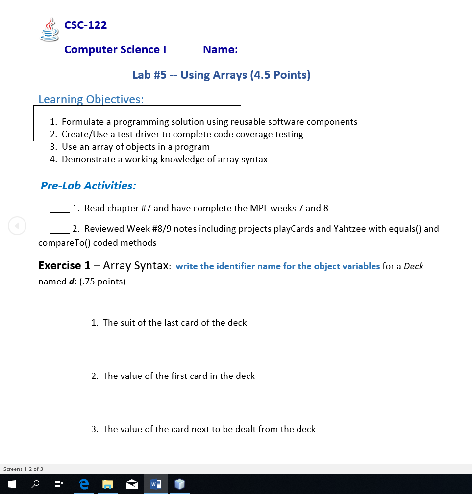 CSC-122 Computer Science I Name: Lab #5-Using | Chegg.com