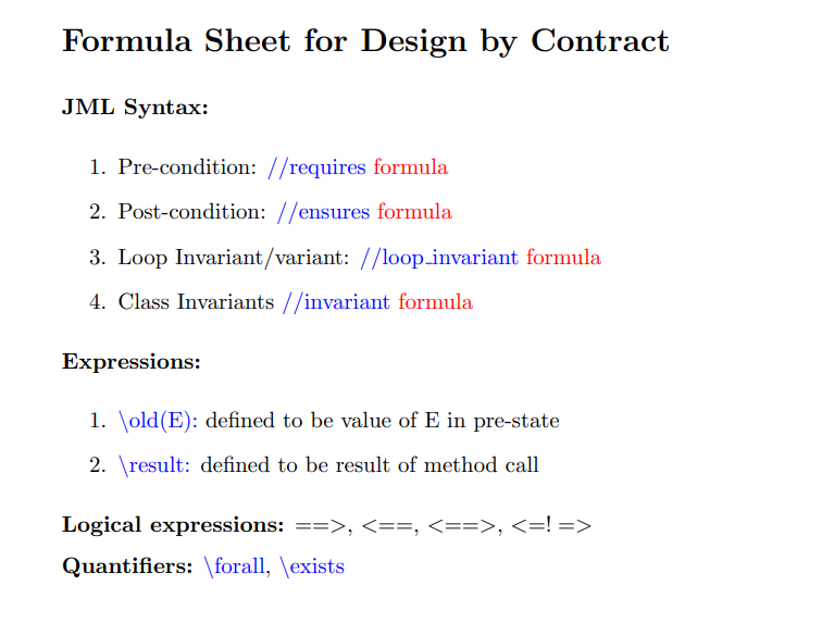 Solved Formula Sheet for Design by Contract JML Syntax: 1. | Chegg.com