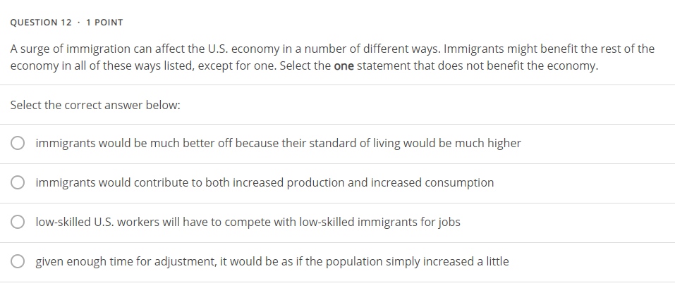 Solved QUESTION 12 · 1 POINT A surge of immigration can | Chegg.com