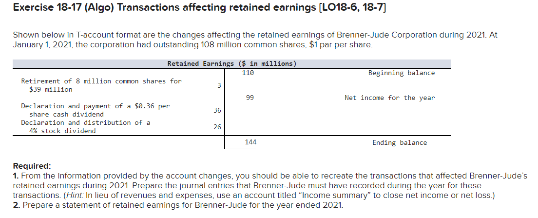 Solved Exercise 18-17 (Algo) Transactions affecting retained | Chegg.com Solved Exercise 18-17 (Algo) Transactions affecting retained | Chegg.com