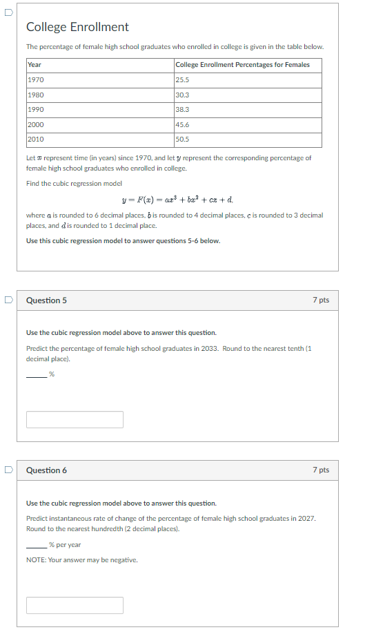 Solved College Enrollment The percentage of female high | Chegg.com