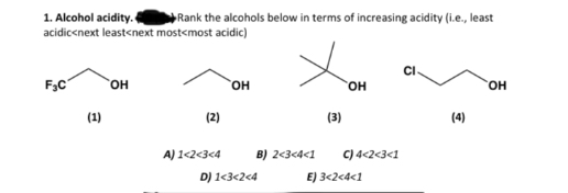 Solved 1. Alcohol acidity Rank the alcohols below in terms | Chegg.com