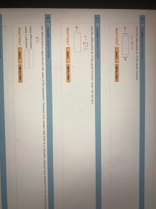 Solved 6、0-11 points LarCalc11 3.9022 Find the differential | Chegg.com Solved 6、0-11 points LarCalc11 3.9022 Find the differential | Chegg.com