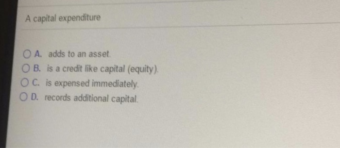 Solved A capital expenditure A. adds to an asset O B. is a | Chegg.com
