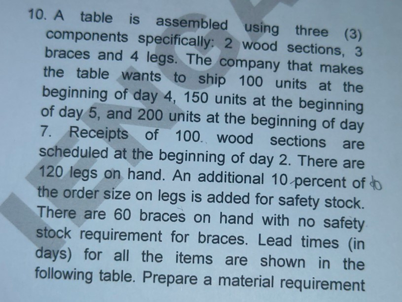 Solved 10. A table is assembled using three (3) components | Chegg.com