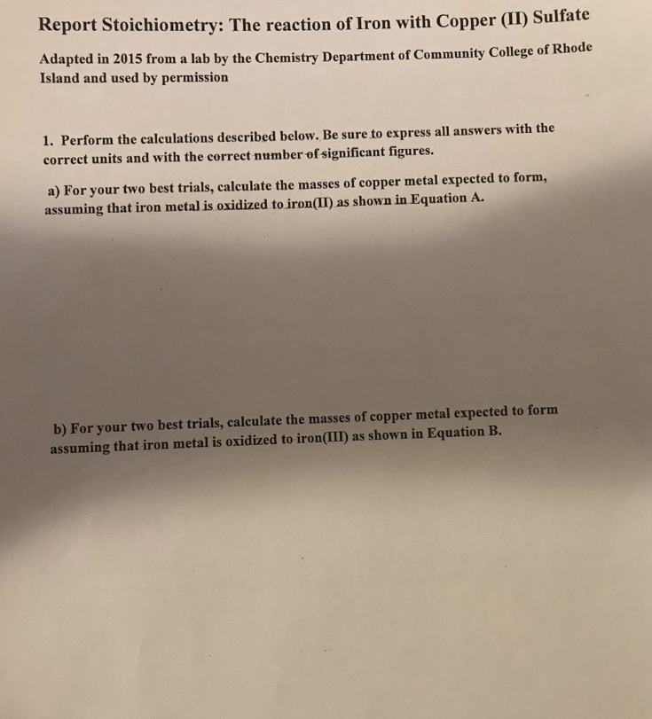 STOICHIOMETRY: THE REACTION OF IRON WITH COPPER (II) | Chegg.com