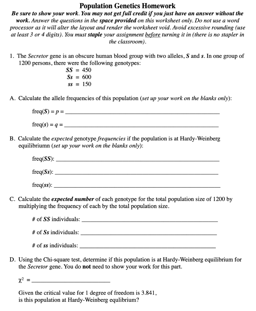 Population Genetics Homework Be sure to show your | Chegg.com