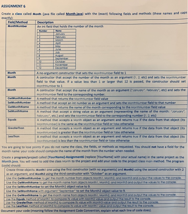 Solved ASSIGNMENT 6 Create a class called Month (ava file | Chegg.com