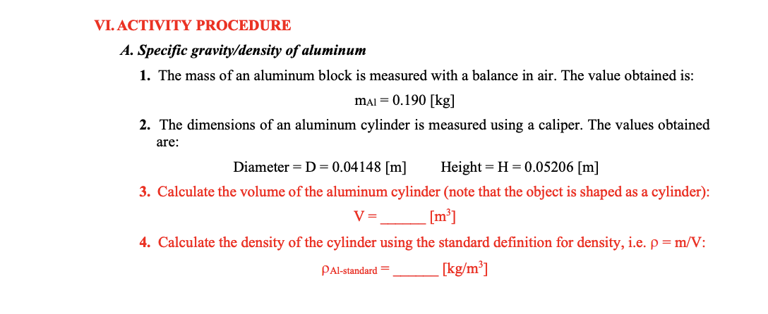 Solved VI. ACTIVITY PROCEDURE A. Specific gravity/density of | Chegg.com