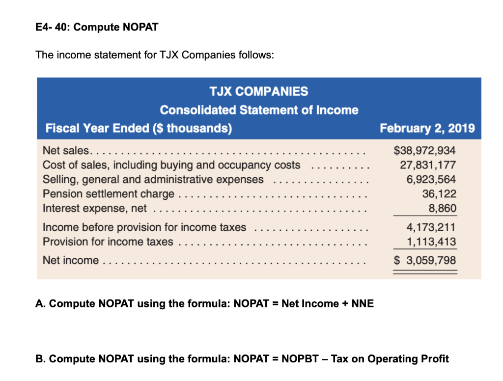 Solved E4- 40: Compute NOPAT The income statement for TJX | Chegg.com