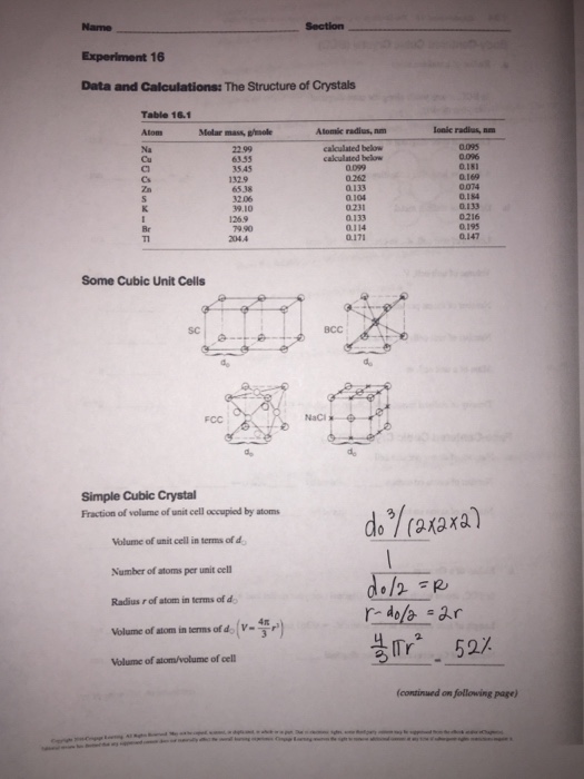 Solved Name Section Experiment 16 Data and Calculations: The | Chegg.com