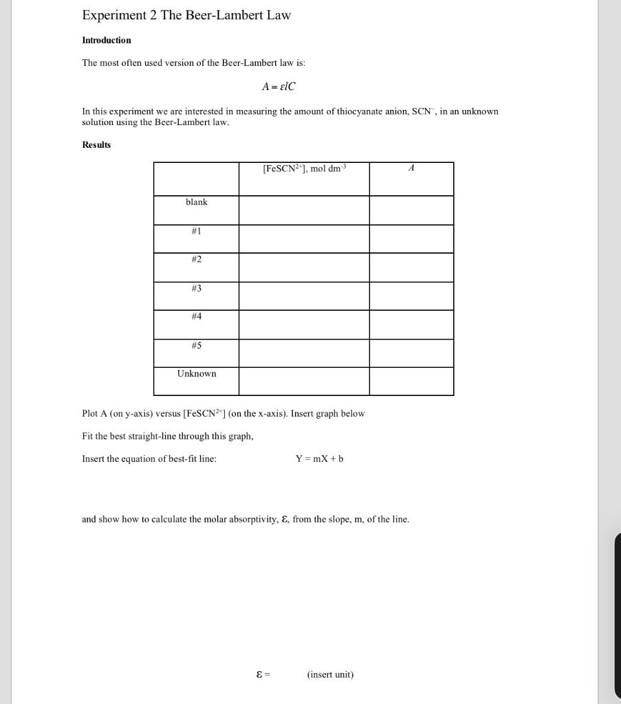 Solved Experiment 2 The Beer-Lambert Law Introduction The | Chegg.com