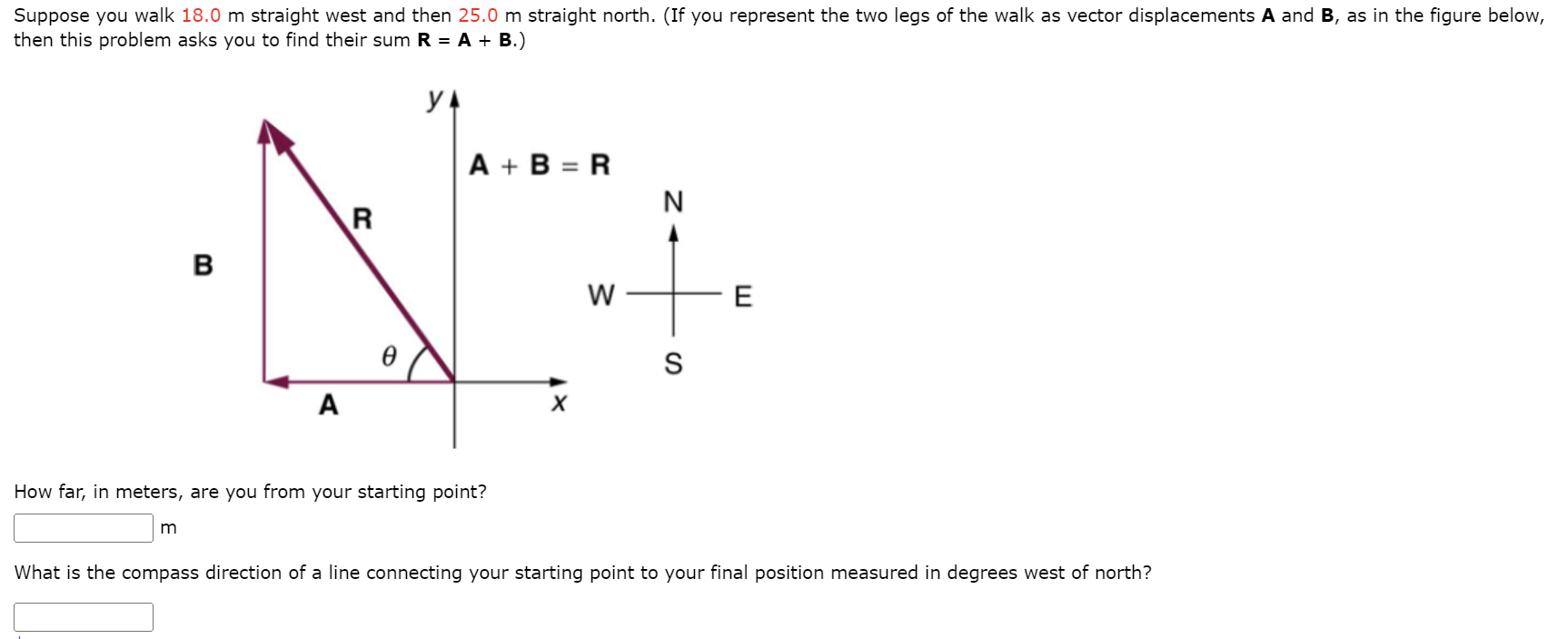 Suppose you walk 18.0 m straight west and then 25.0 m | Chegg.com