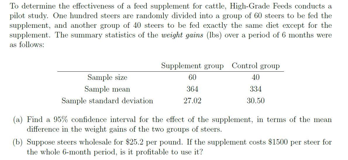 Solved To determine the effectiveness of a feed supplement | Chegg.com
