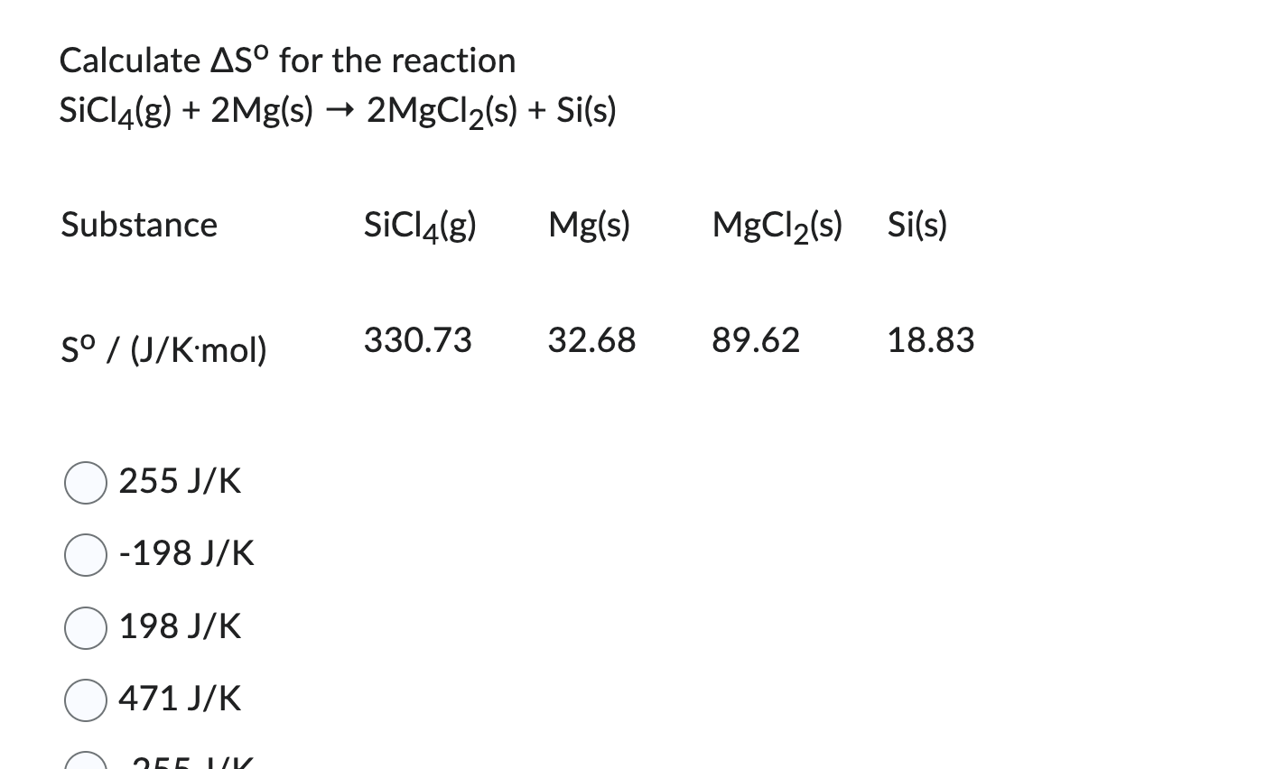 Solved Calculate ASº for the reaction SiCl4(g) + 2Mg(s) → | Chegg.com