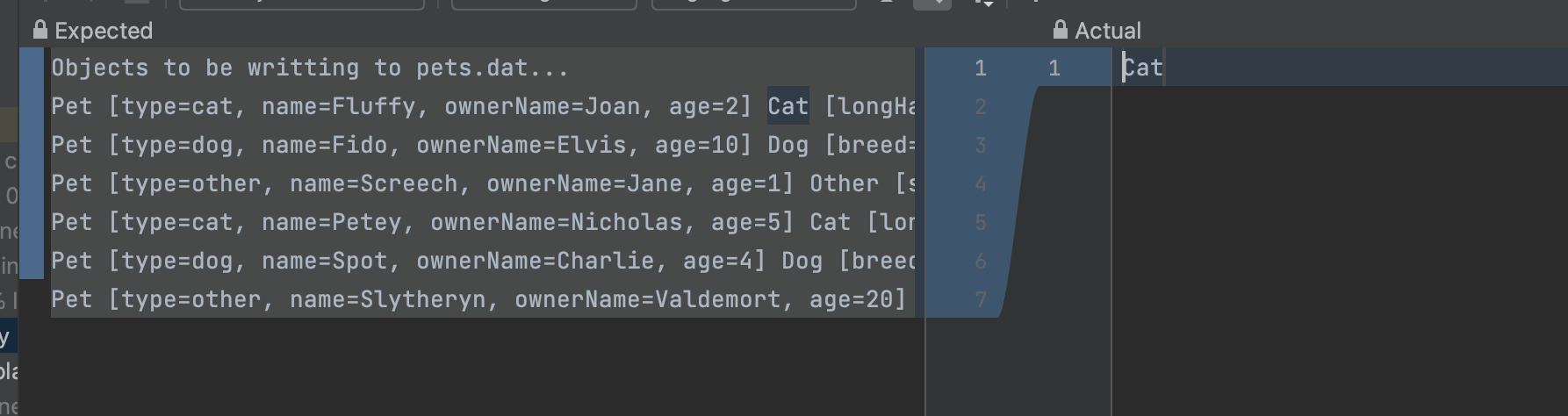 Solved Expected Objects to be writting to pets.dat... Pet | Chegg.com