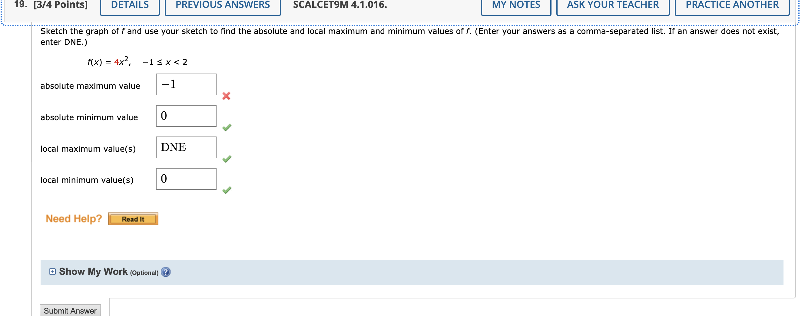 Solved enter DNE.) f(x)=4x2,−1≤x