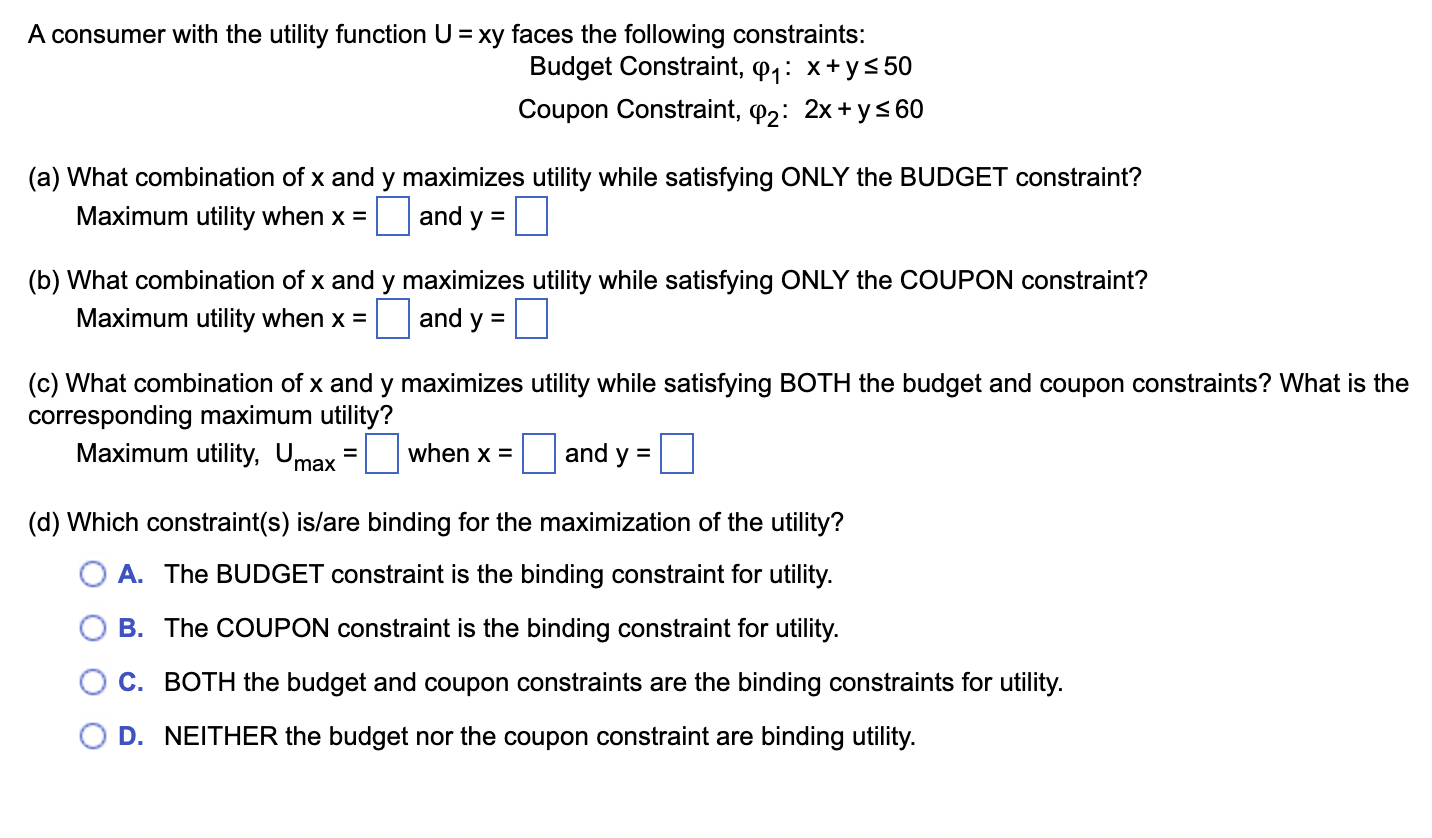 Solved A consumer with the utility function U=xy faces the | Chegg.com