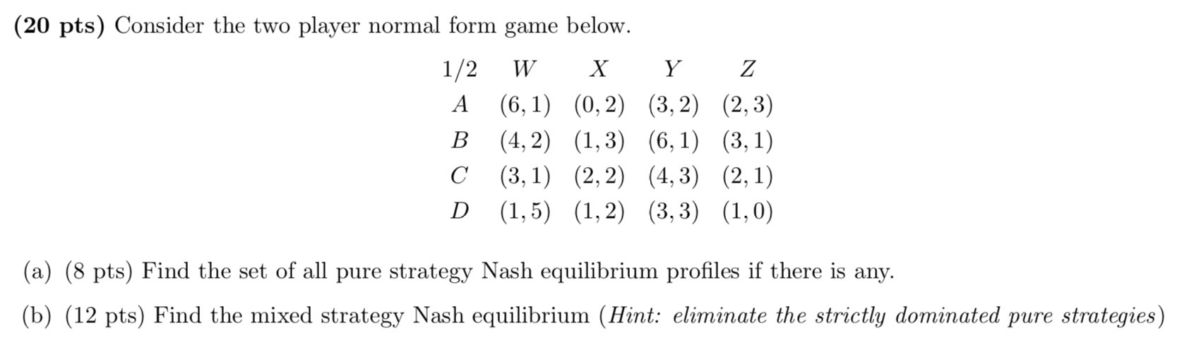 Solved (20 pts) Consider the two player normal form game | Chegg.com