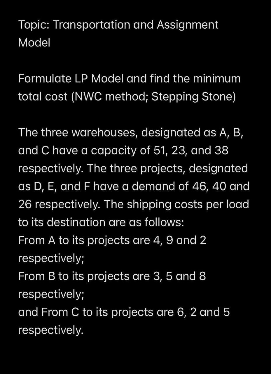 Solved Topic: Transportation and Assignment Model Formulate | Chegg.com