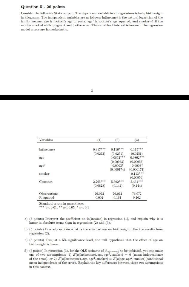 Question 5 - 20 points Consider the following Stata | Chegg.com