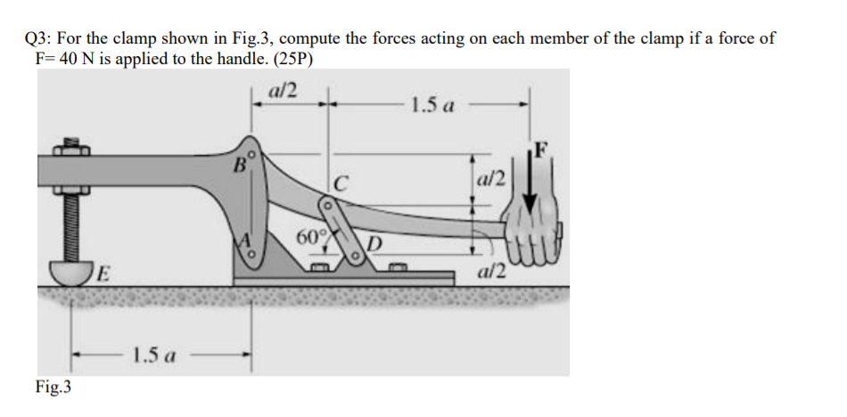 Solved Q3: For the clamp shown in Fig.3, compute the forces | Chegg.com