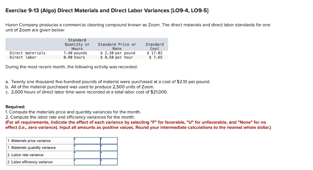 Solved Exercise 9-13 (Algo) Direct Materials and Direct | Chegg.com