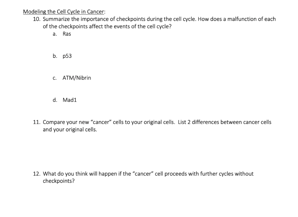 Solved 1odeling the Cell Cycle in Cancer: 10. Summarize the | Chegg.com