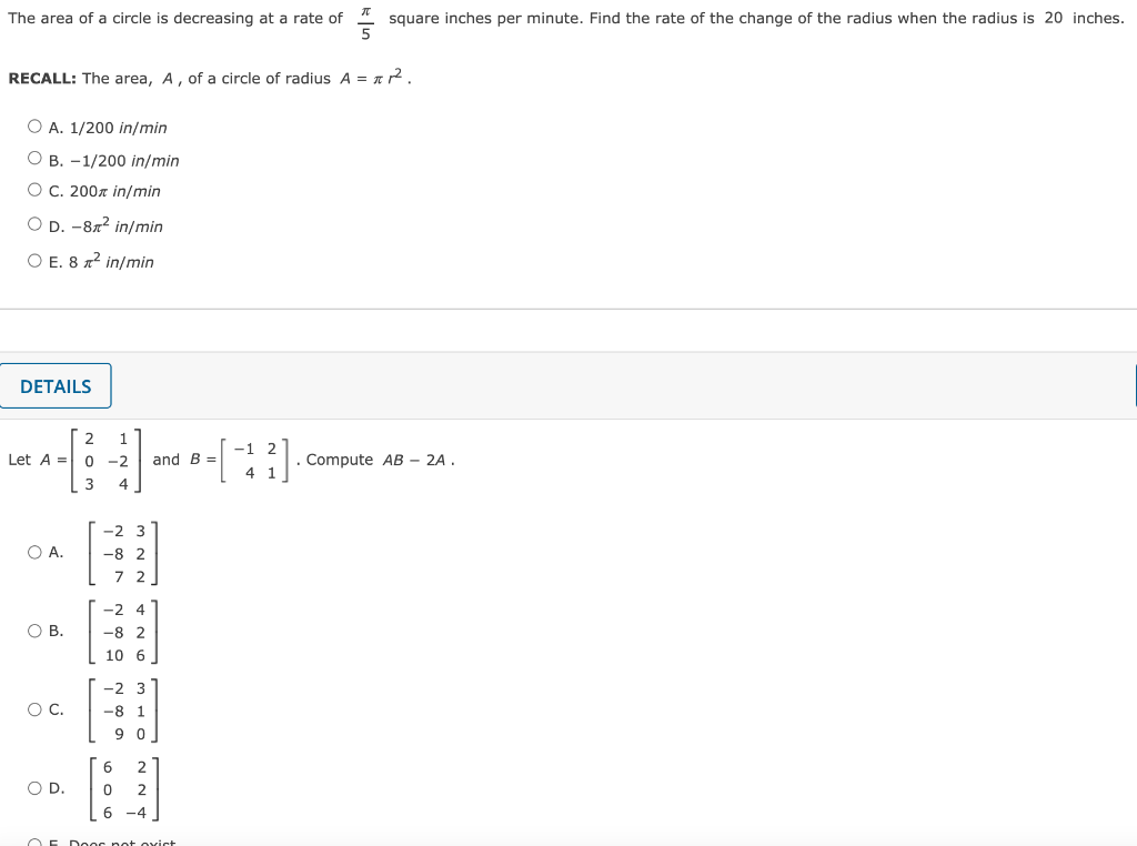 Solved The area of a circle is decreasing at a rate of | Chegg.com