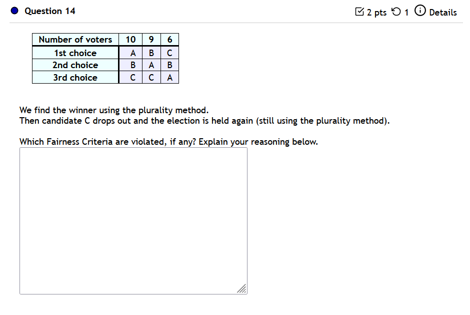 Solved Question 14 We find the winner using the plurality | Chegg.com