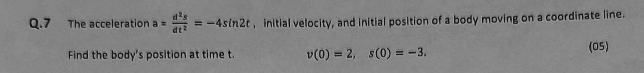 Solved Q.7 The acceleration a = = -4sin2t, initial velocity, | Chegg.com