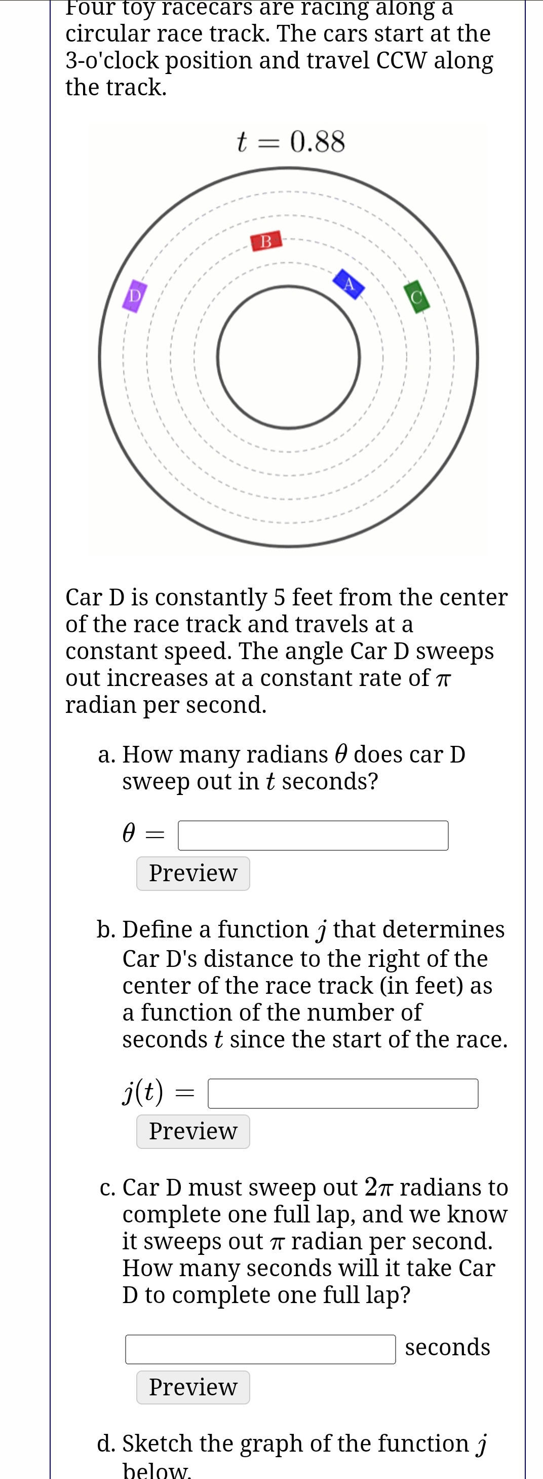 Solved Four toy racecars are racing along a circular race | Chegg.com